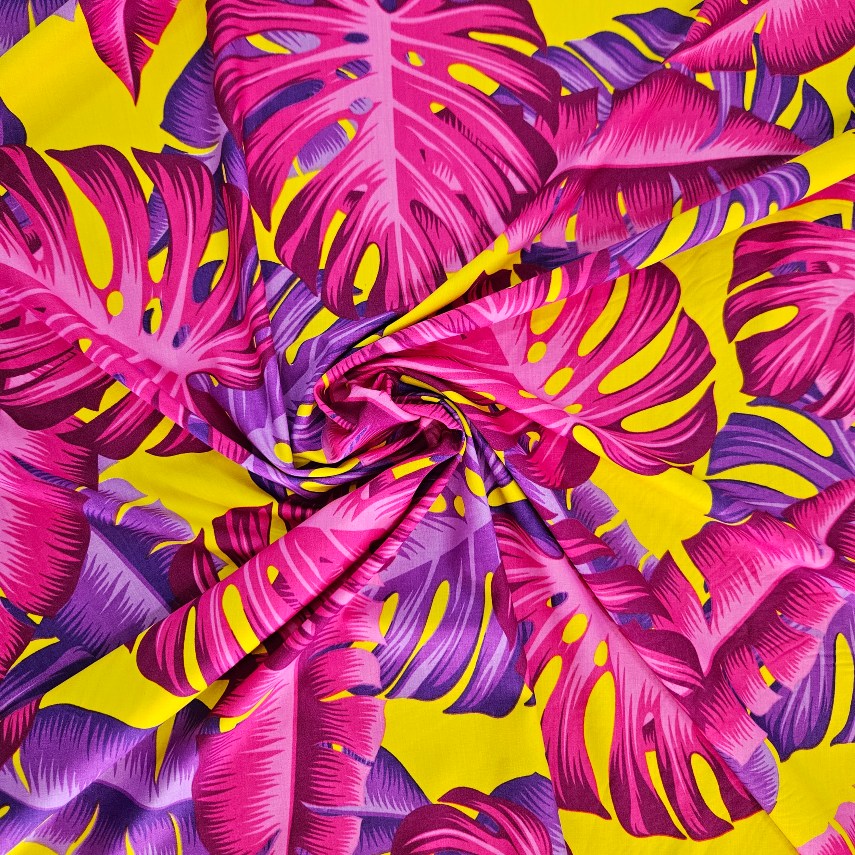 RAYON - Pink Monstera on Yellow - East Coast Fabrics